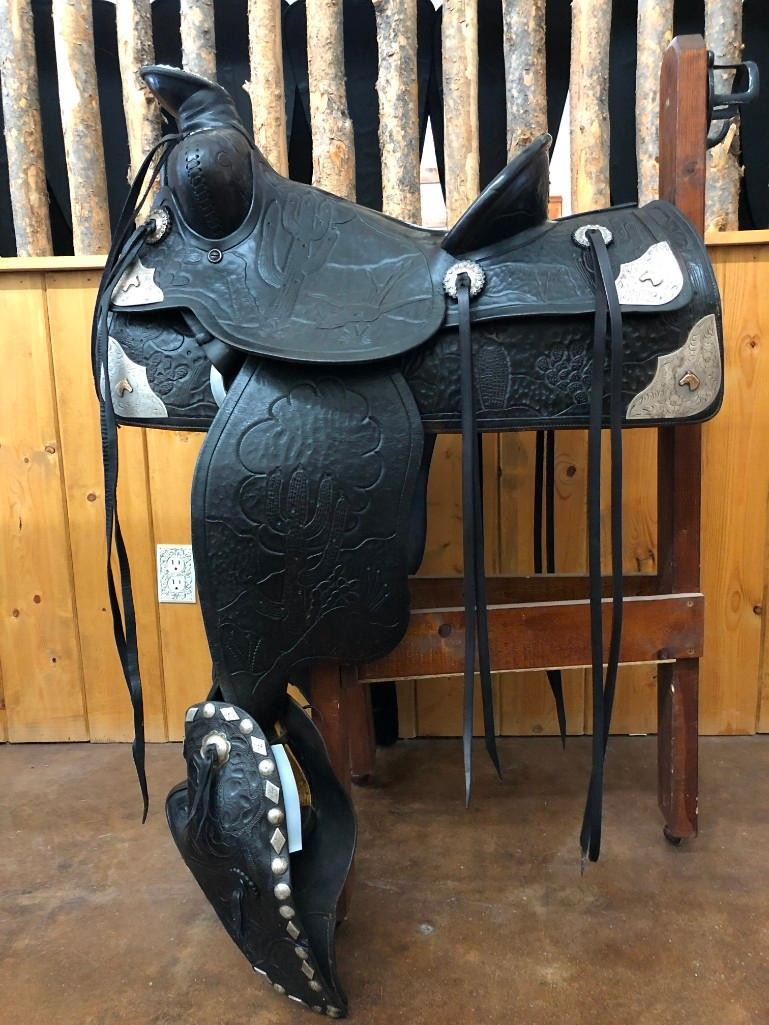 Fancy Keyston Bros. Saddle With Desert Themed Carving and Silver & Gold ...