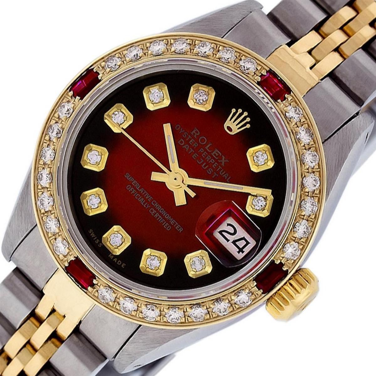 Rolex Ladies 2 Tone Red Vignette Diamond & Ruby 26MM Datejust Wristwatch