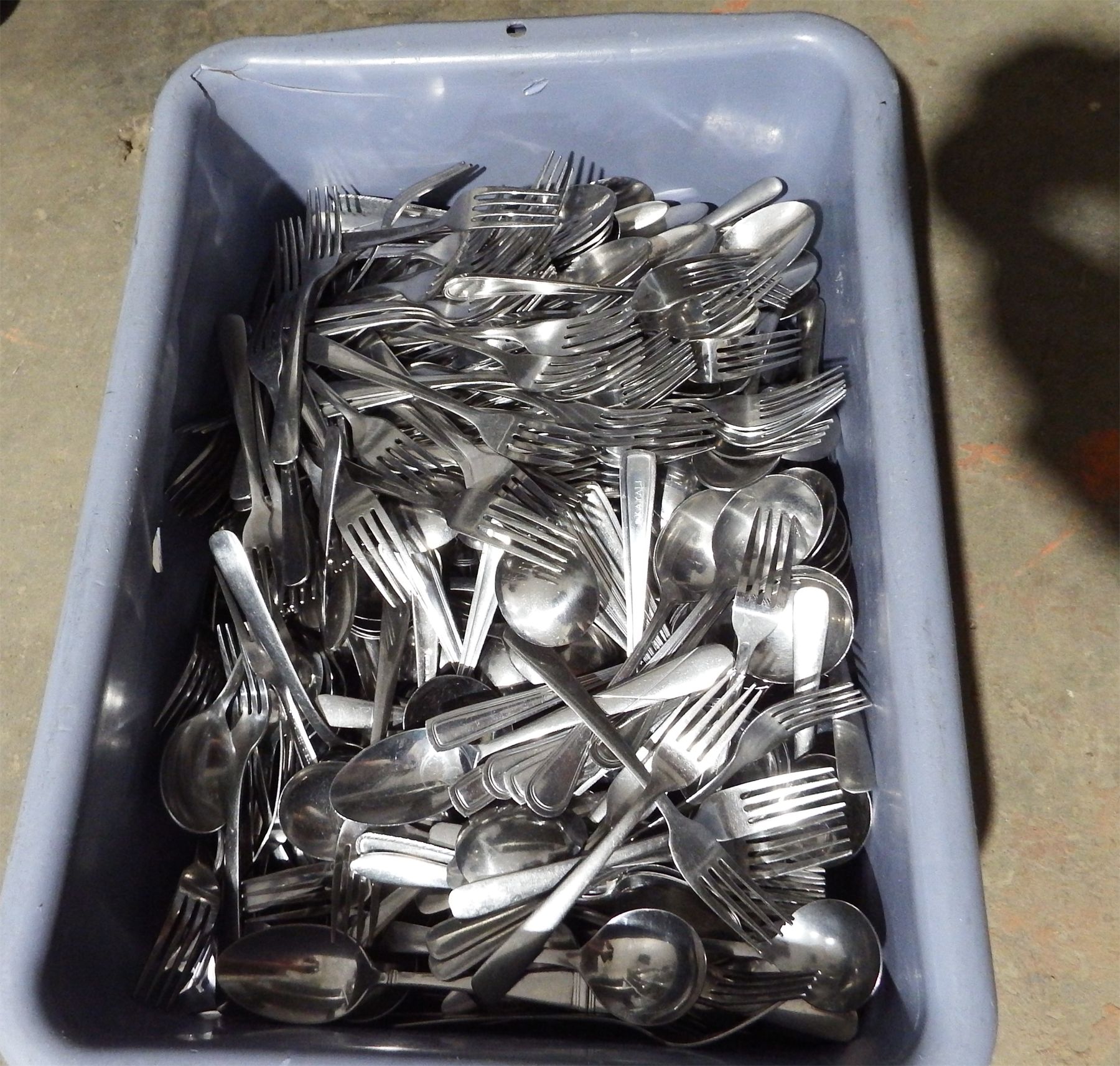 Large Bin of Used Forks and Spoons