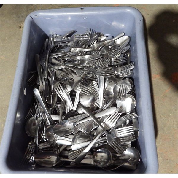 Large Bin of Used Forks and Spoons