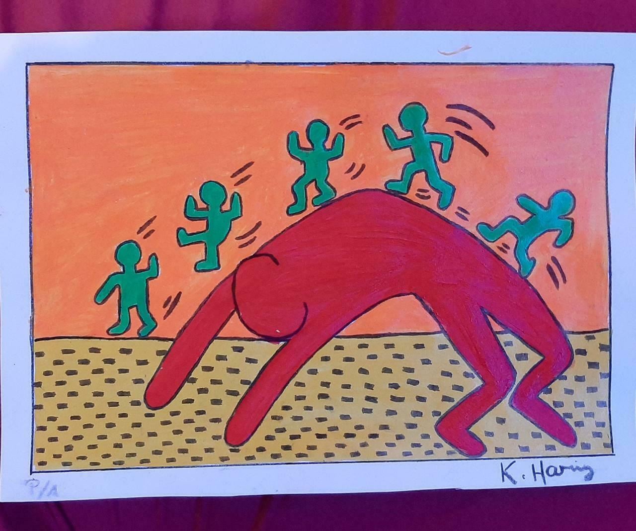 Keith Haring - Stamp reverse / Oil on cardboard - Signed