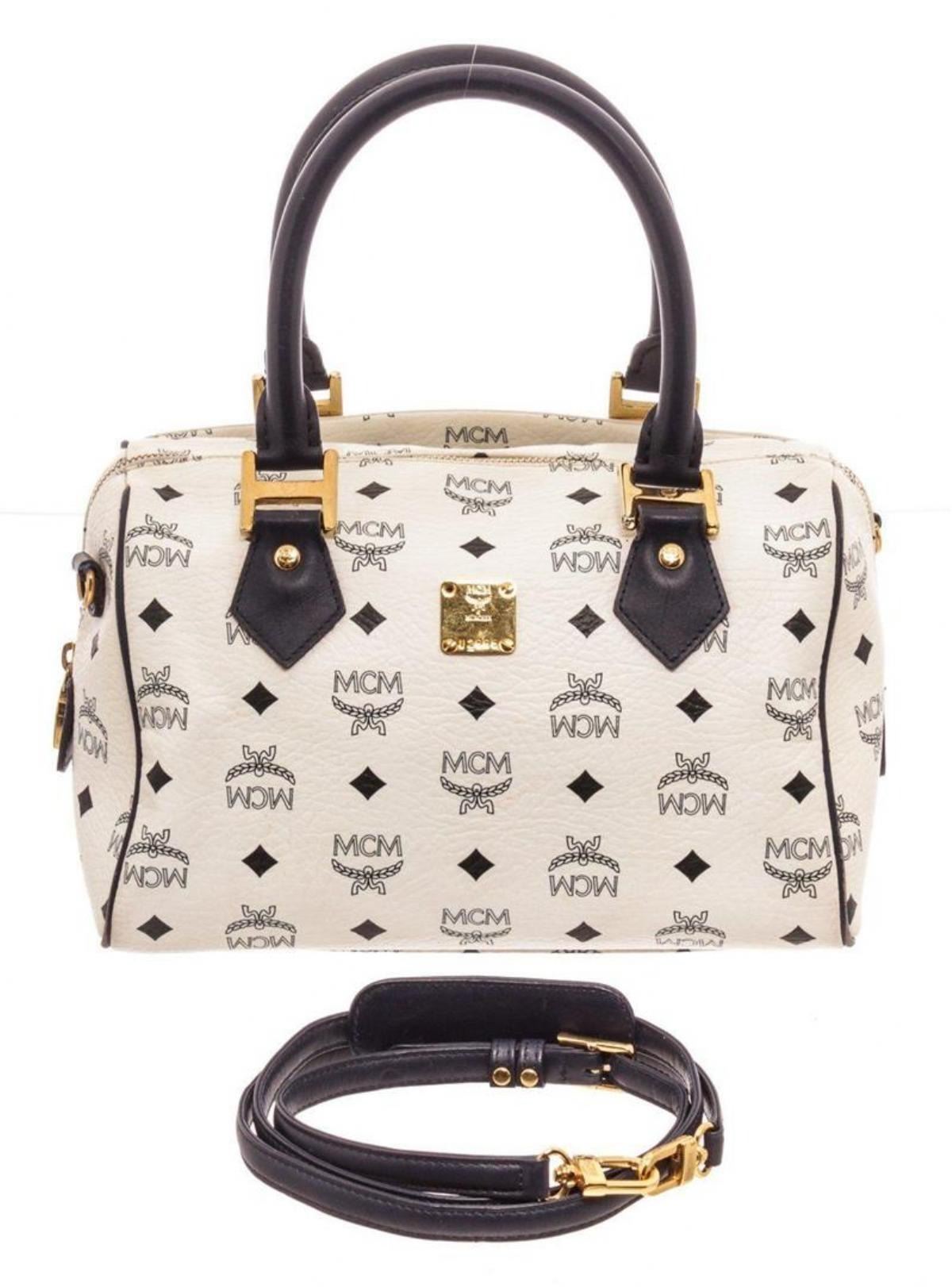 MCM White Navy Blue Visetos Coated Canvas Boston Bag