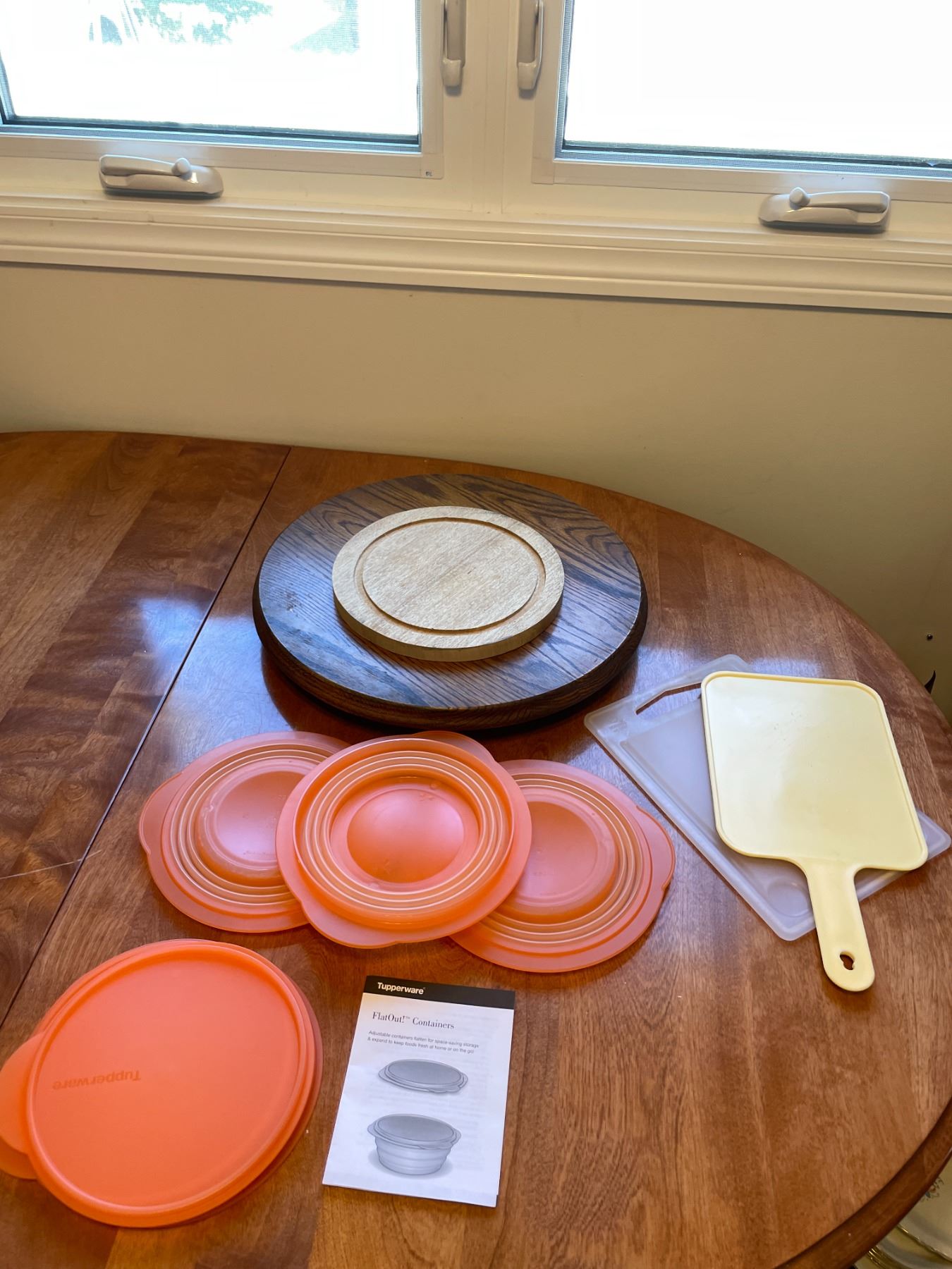 Tupperware flat out container - lazy susan - cutting boards