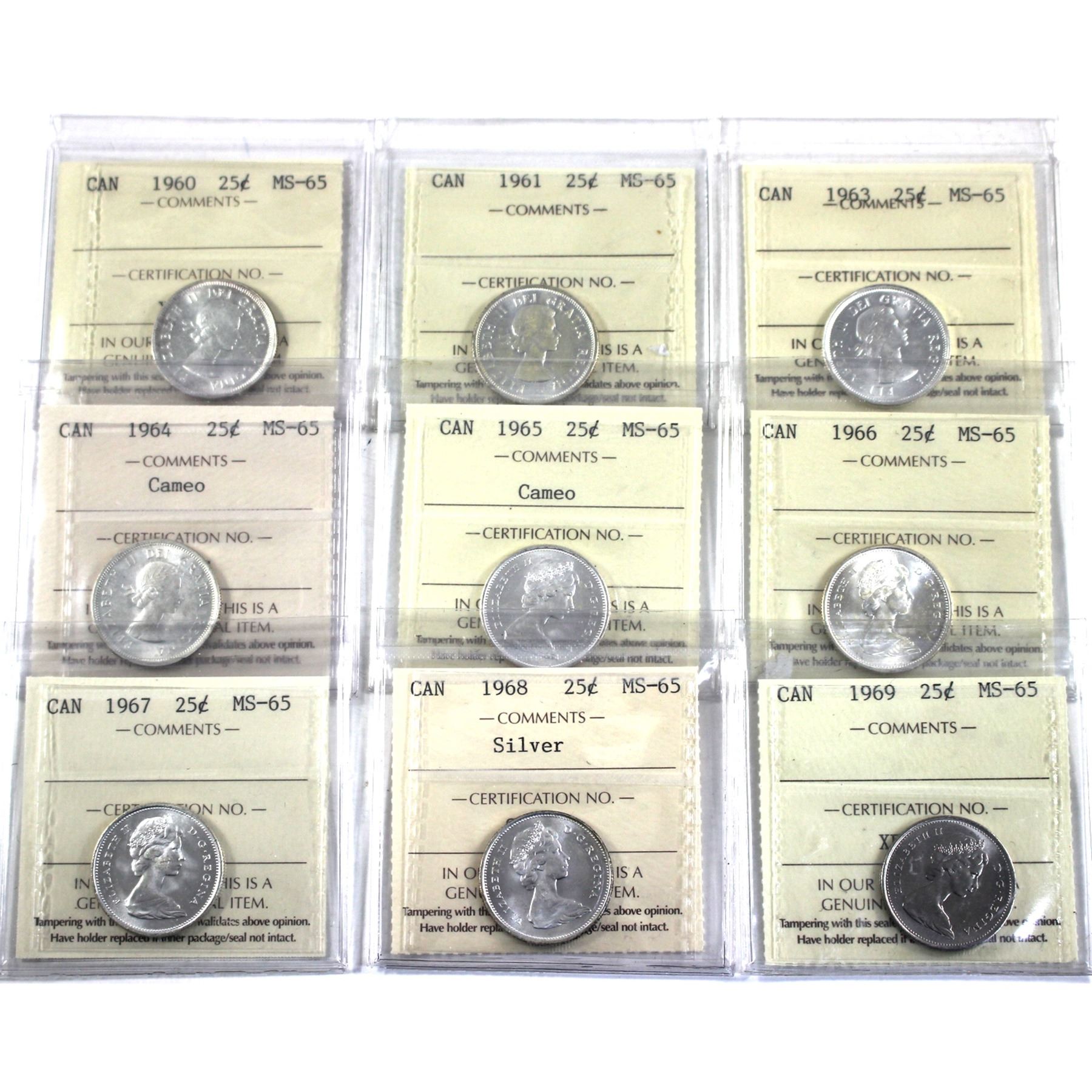 25-cent 1960,1961,1963,1964 Cameo, 1965 Cameo, 1966,1967,1968 Silver ...