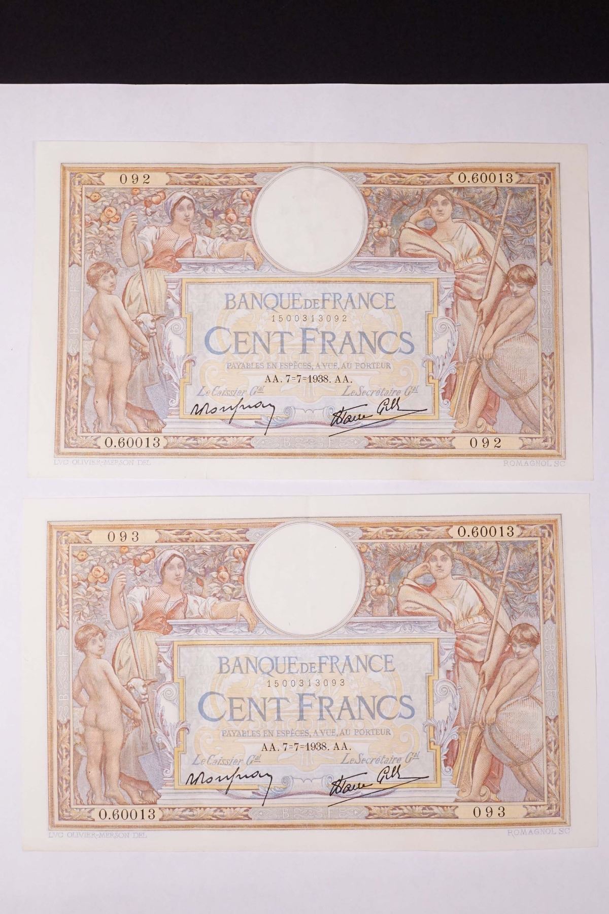 FRANCE 1938 Hundred Frances A Lot of 2 Banknotes EF