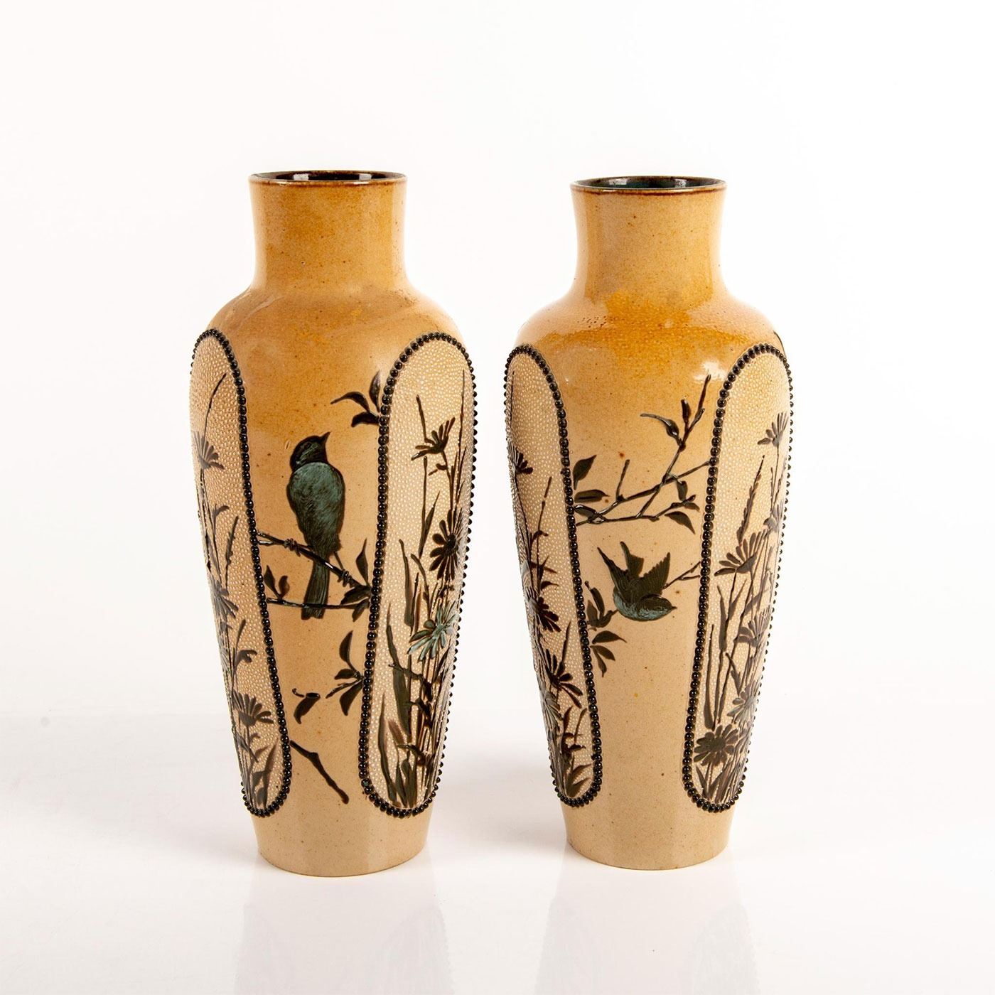Pair Of Doulton Lambeth Florence Barlow Vases, Birds