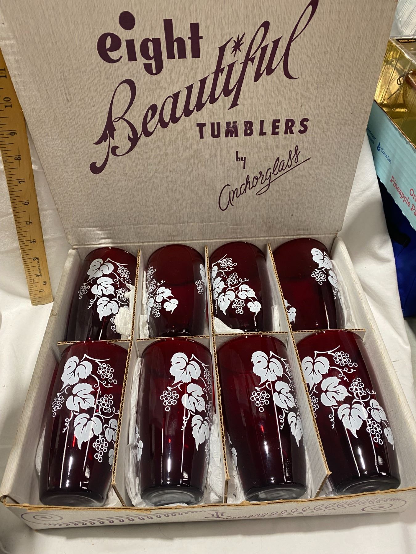 Anchor glass 8 ruby red tumblers in box 1950’s