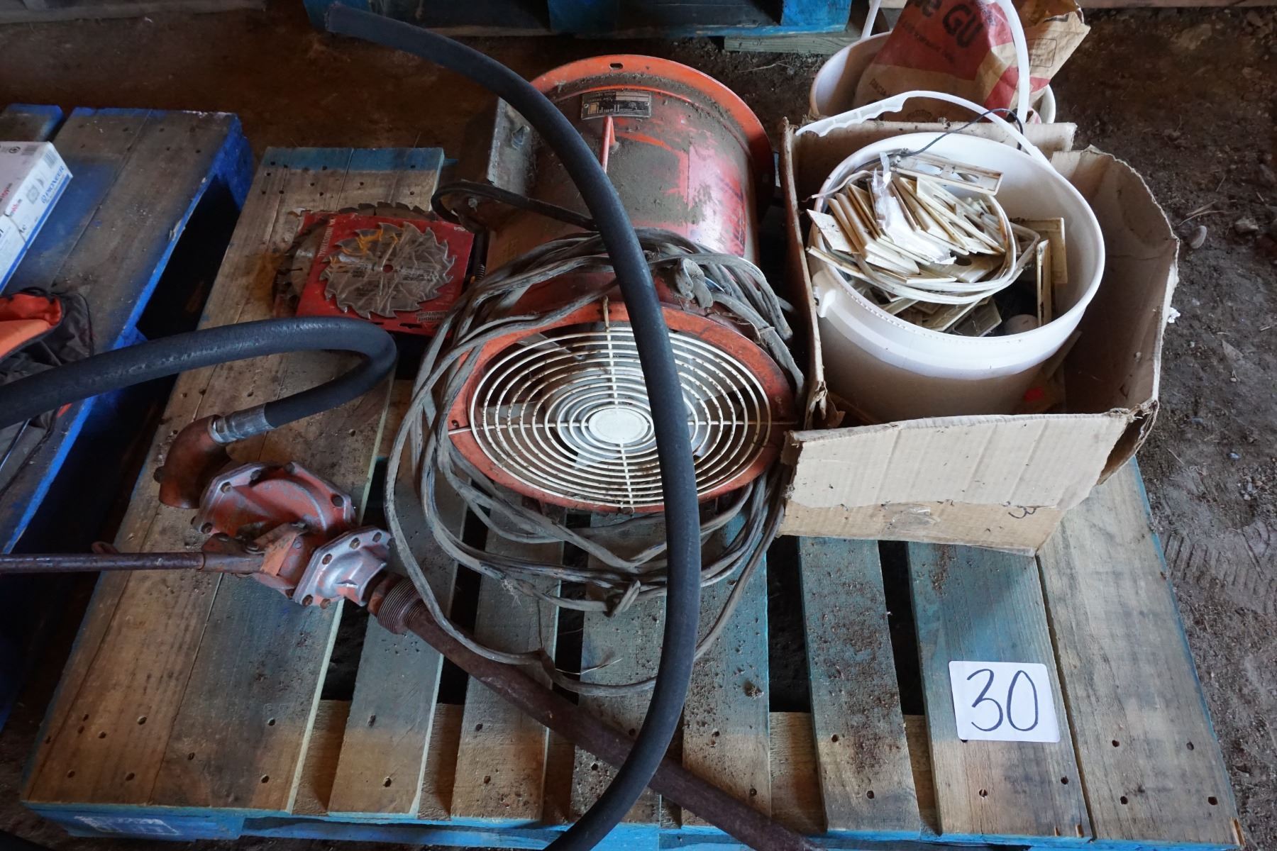 Stroke Pump,3/4 HP Aeration Fan, Saw Blades, 2 Pails Misc