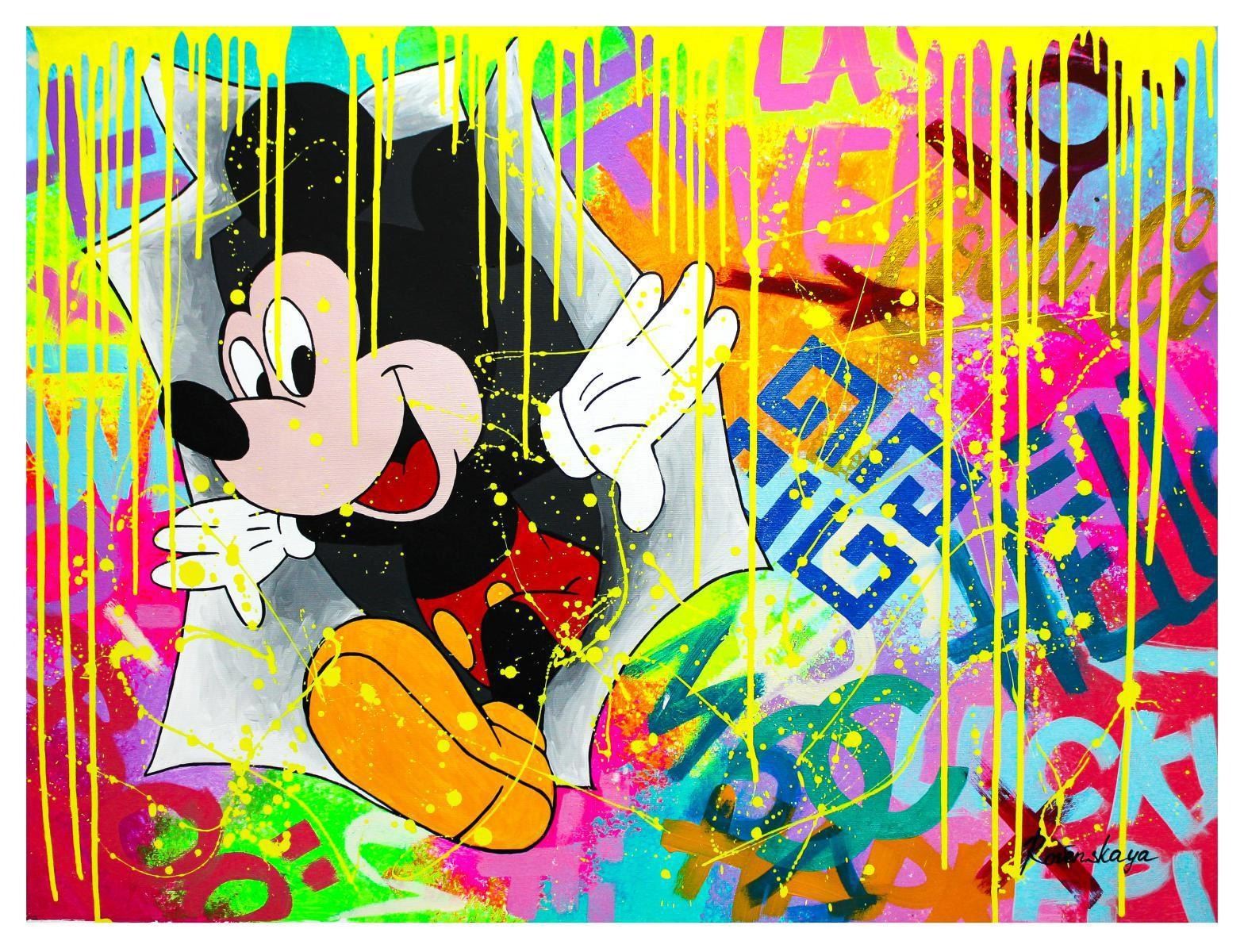 Nastya Rovenskaya- Original Oil on Canvas "Surprise by Mickey Mouse"