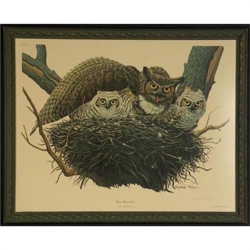 LITHOGRAPH RICHARD SLOAN GREAT HORNED OWL SIGNED