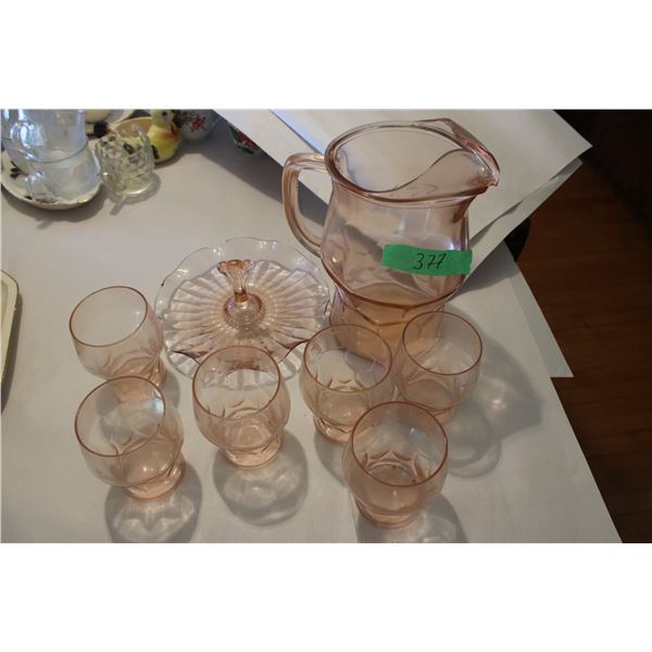 Vintage Depression Pink Glass Pitcher Tray And Cups Bodnarus