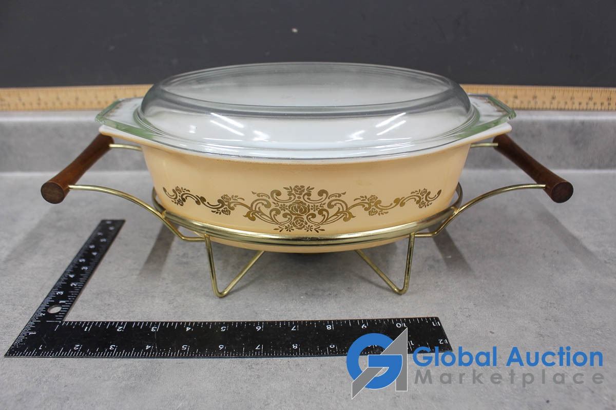 "Golden Rose" 1967 - 1968 Pyrex Casserole Dish w/Lid & Buffet Warming Tray