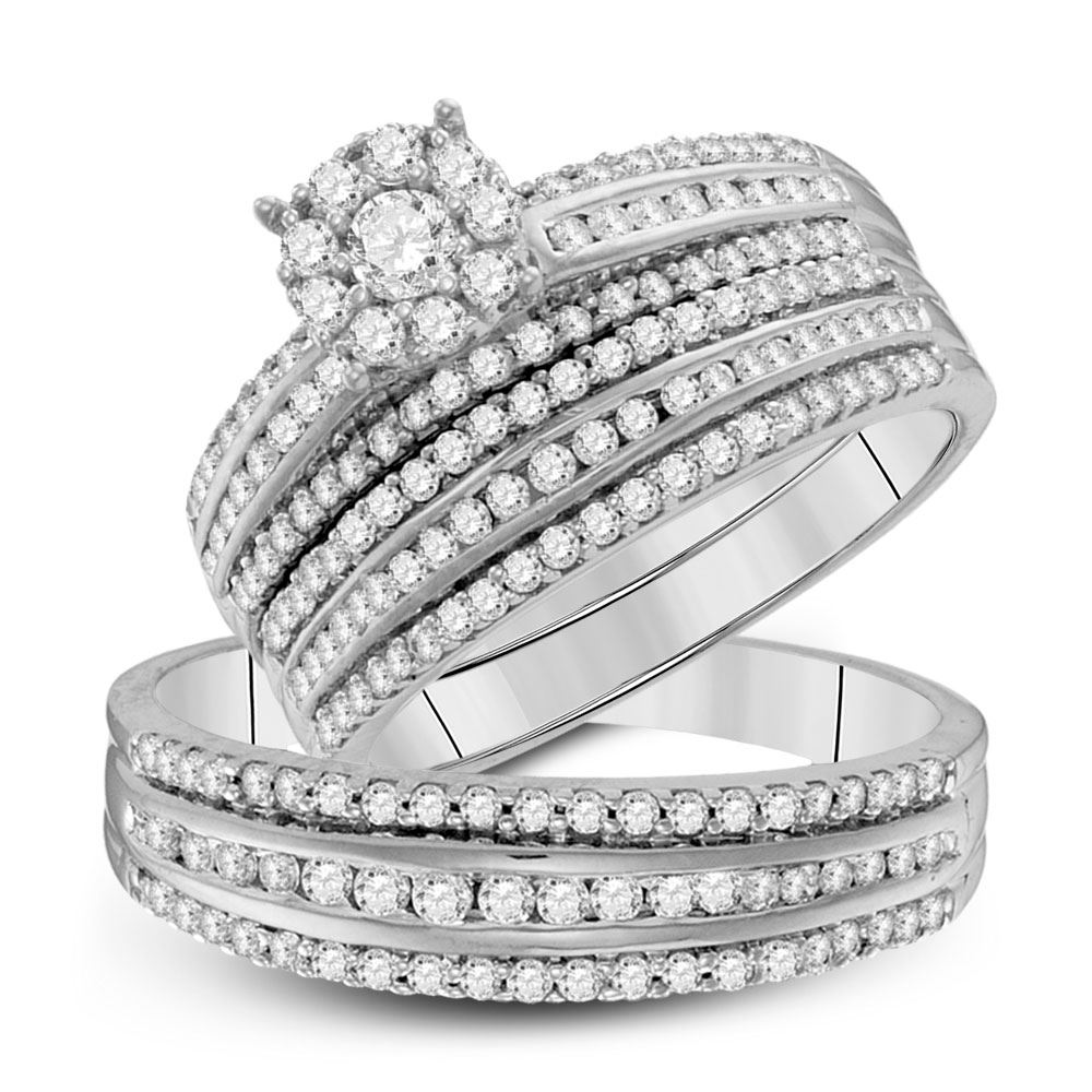His Hers Diamond Cluster Matching Wedding Set 1-1/4 Cttw 14kt White Gold