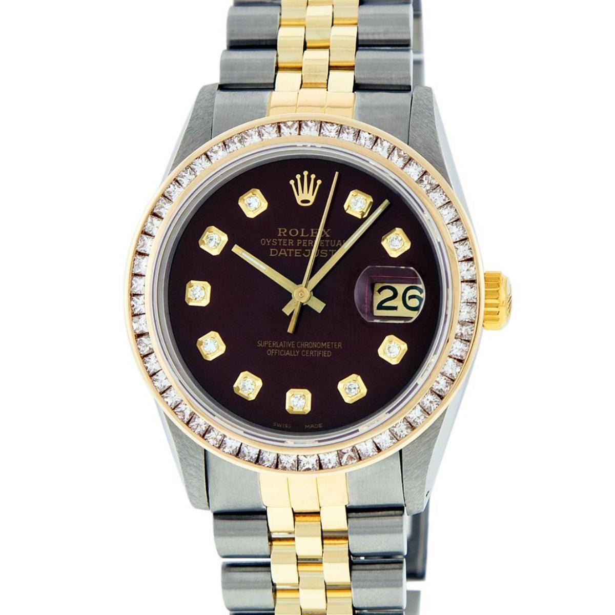 Rolex Mens 2 Tone Maroon Princess Cut Diamond Datejust Wristwatch With ...