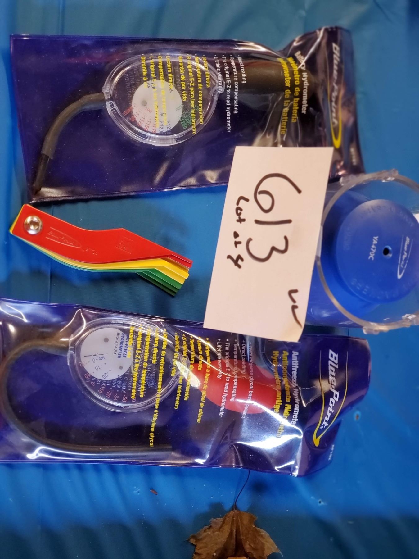 BLUE POINT LOT OF 4: ANTIFREEZE HYDROMETER AF-102, BATTERY HYDROMETER BT-101, FEELER GAUGES AND BEAR