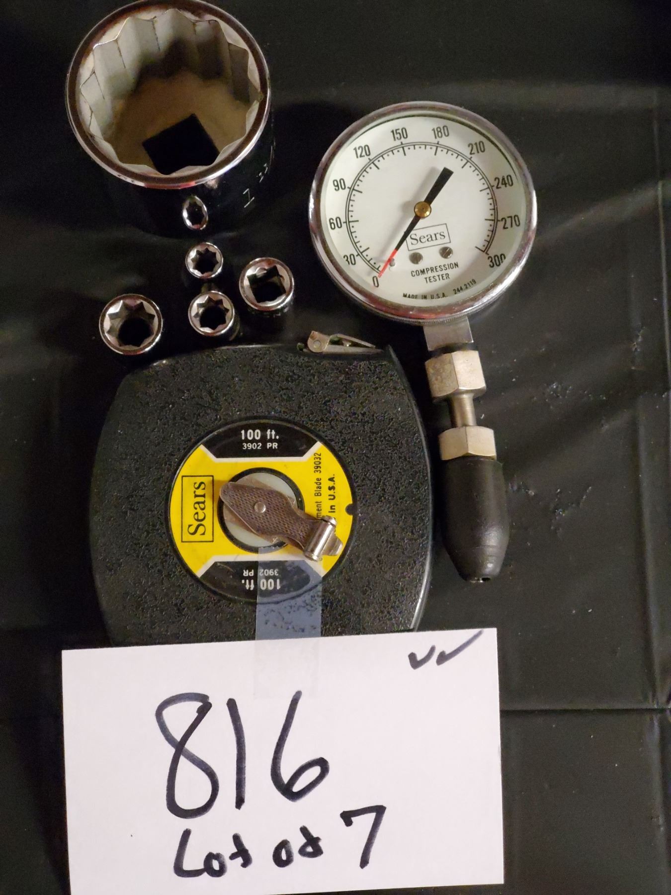 CRAFTSMAN LOT OF 7 COMPRESSION GAUGE, TAPE MEASURE (100ST) AND SOCKETS