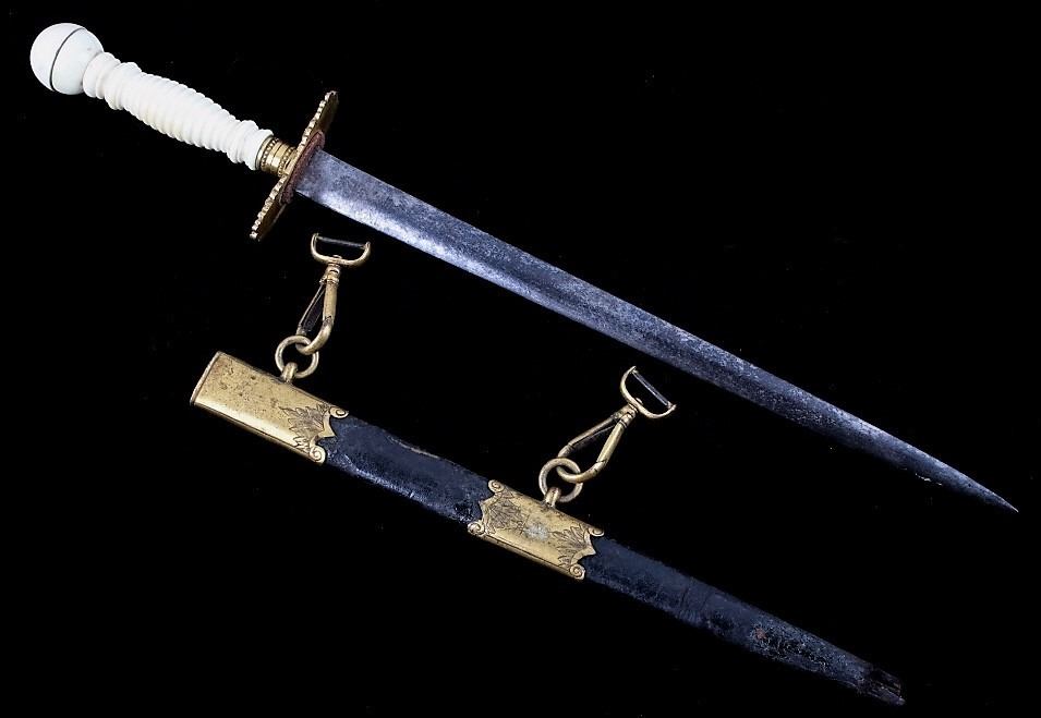 19th C Etched Stiletto Ivory Handle Knife & Sheath