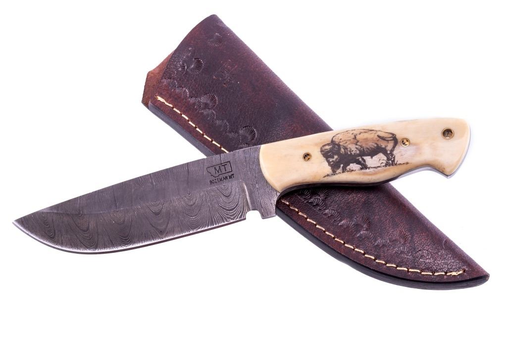 Yellowstone Buffalo Scrimshaw Damascus M.T. Knives | Barnebys