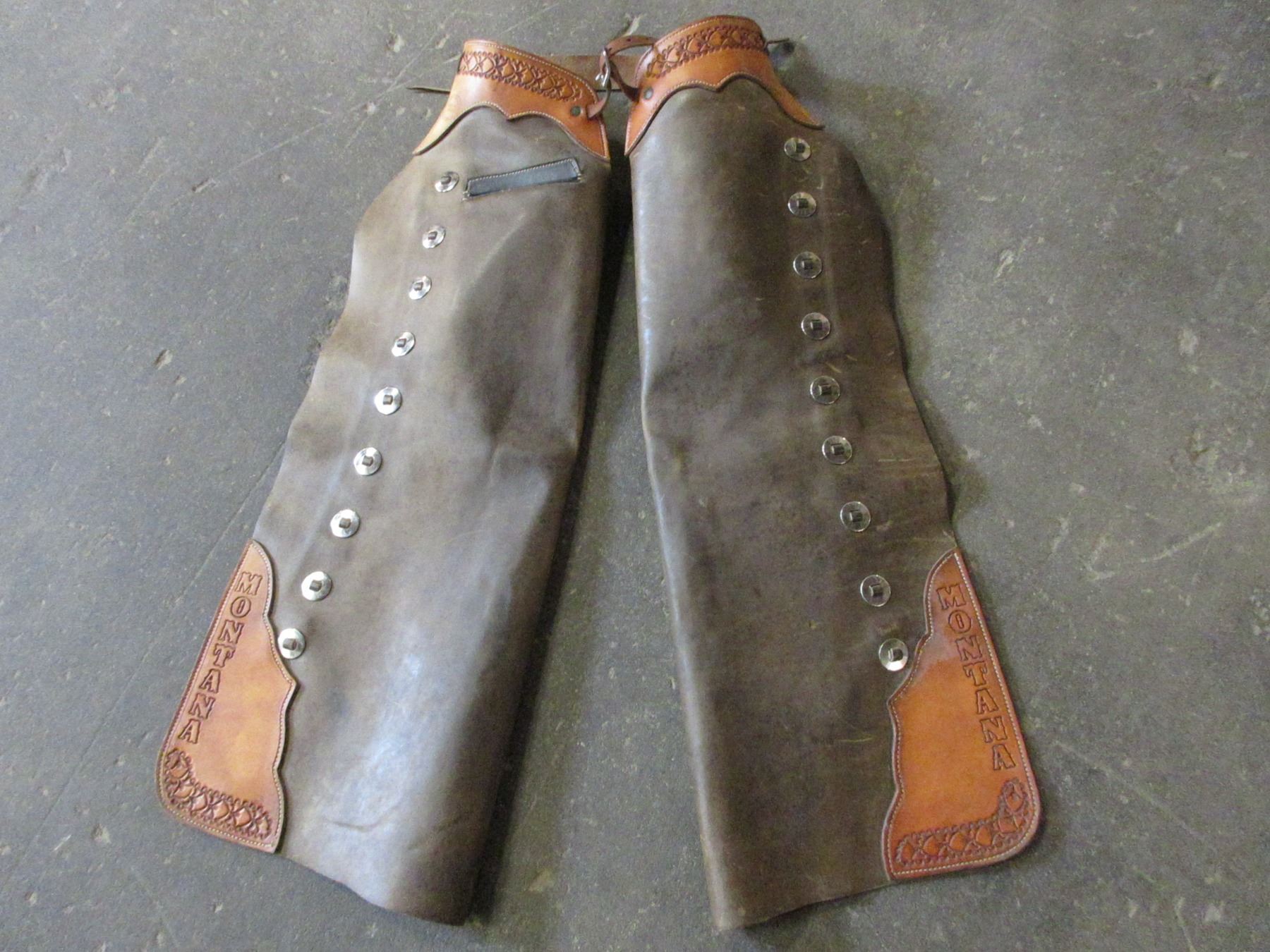 Marked Millers Saddlery Olen J Miller Goshen IN. Shotgun Chaps- Tooled ...