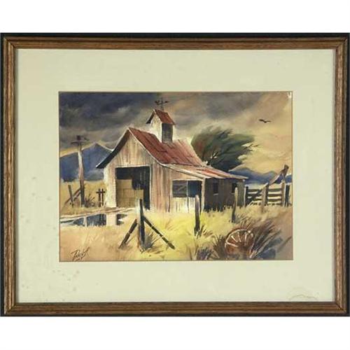 WATERCOLOR DUANE LIGHT WEATHERED BARN WESTERN