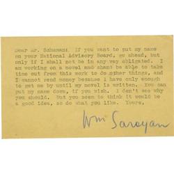 William Saroyan Typed Note Signed