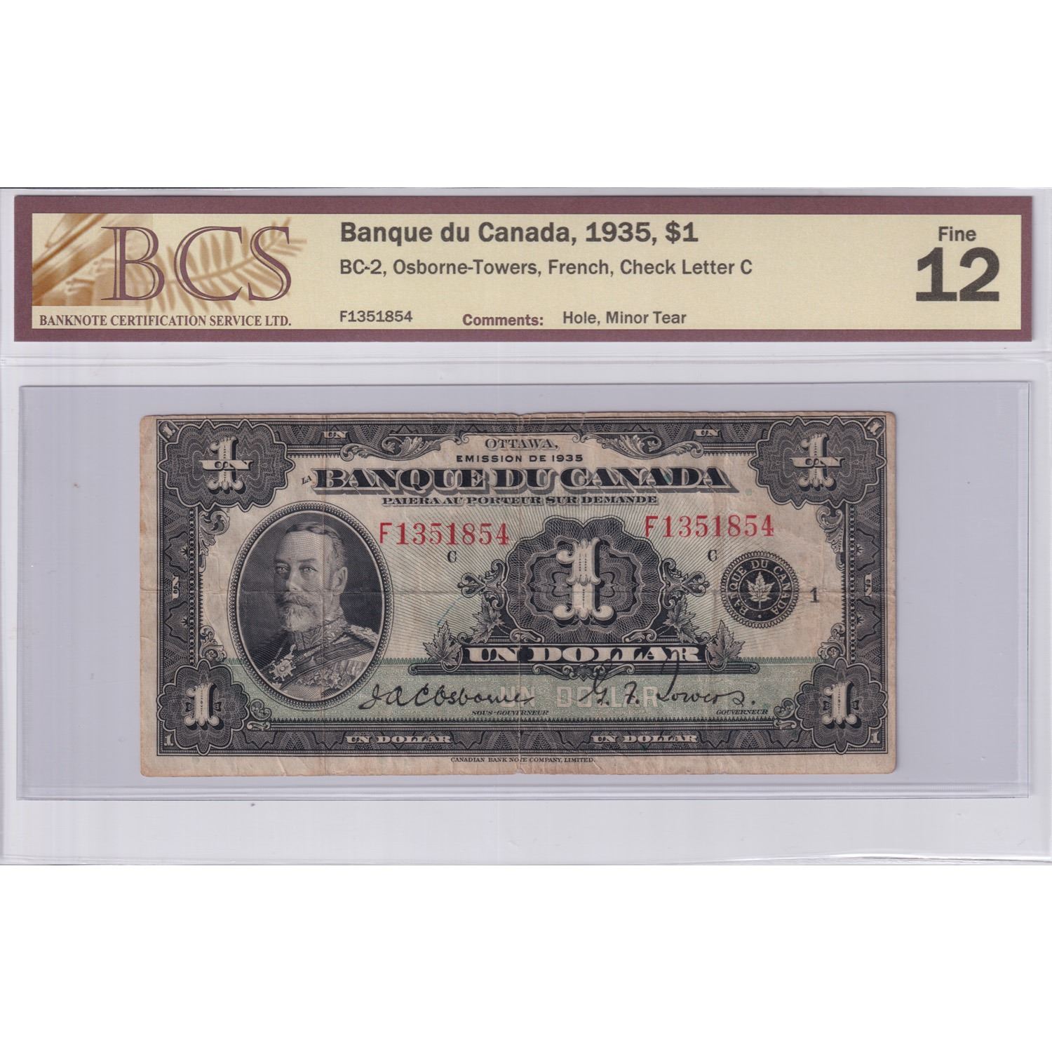 BC-2 1935 Banque du Canada $1, Osborne-Towers, French, Check Letter C, S/N: F1351854, BCS Certified