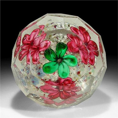 Antique Bohemian Faceted Four-Flower Paperweight