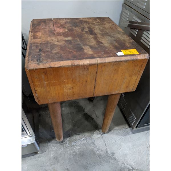 Butcher block meat cutting table w/ wheels - approx. 23" L x 23" W x 36" H