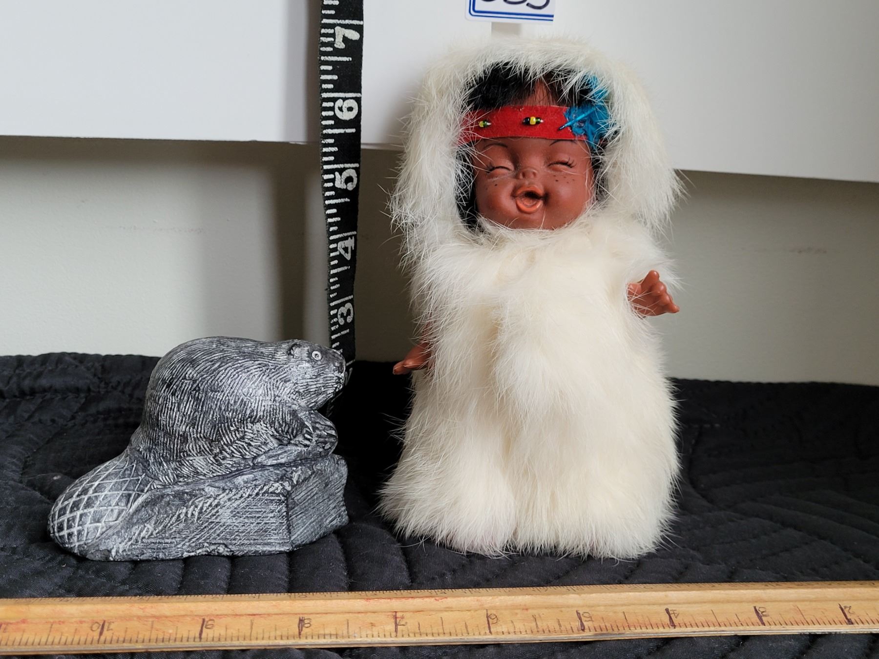 Vintage inuit doll in rabbit fur. Traditional soapstone beaver ...