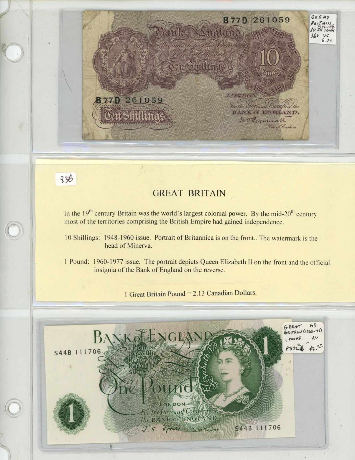 Great Britain. Lot of 2 British notes. 1948-1960 10 Shillings P-366 VG ...