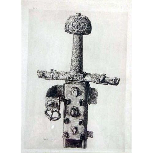 A LARGE ENGRAVING OF AN ORNATE CAROLINGIAN SWORD HILT AND JEWELED SCABBARD
