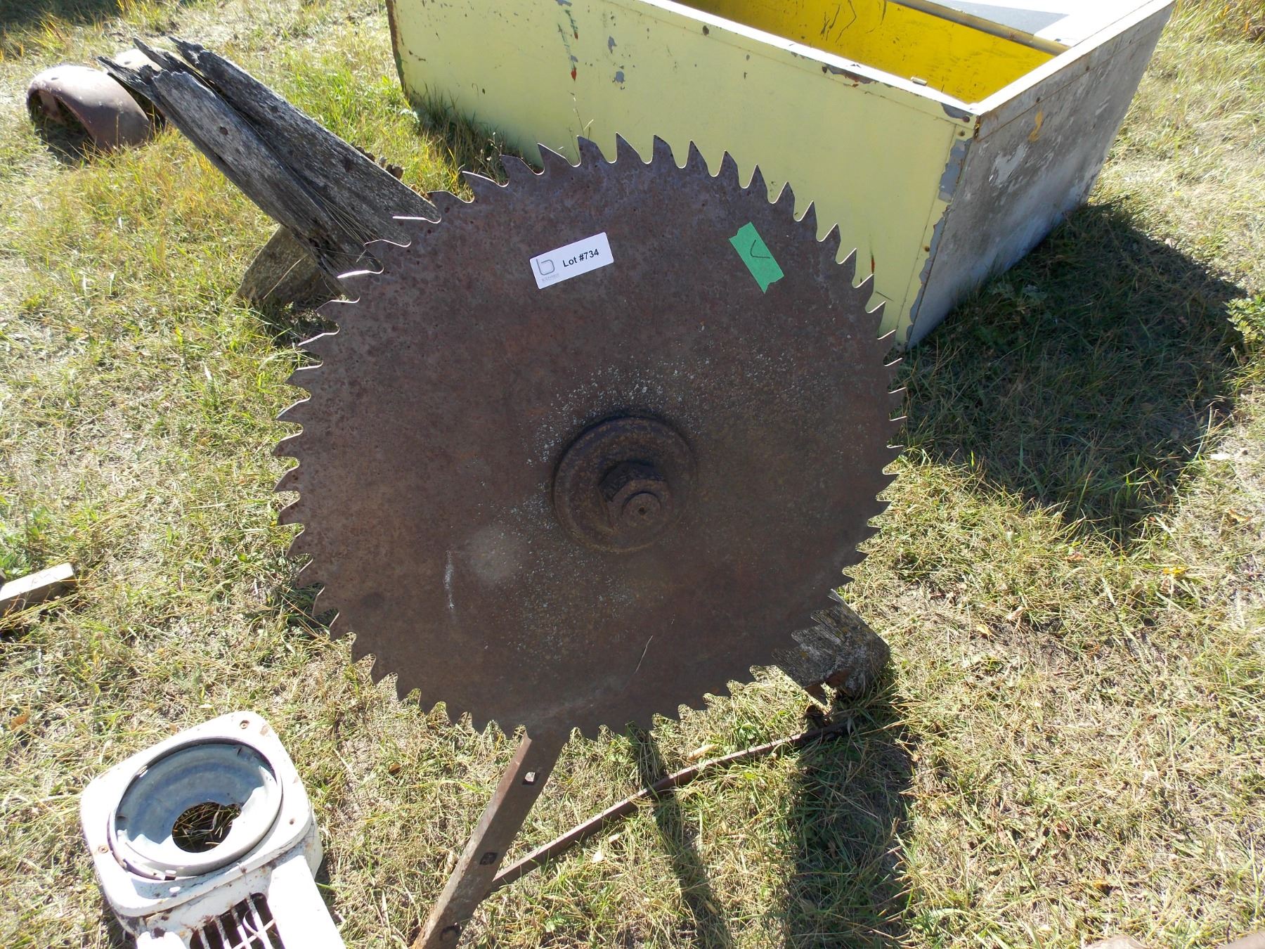 Vintage Saw Mill Blade on Axle + partial wooden stand