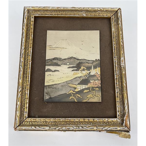 Antique Japanese Metal Engraving Mt Fuji