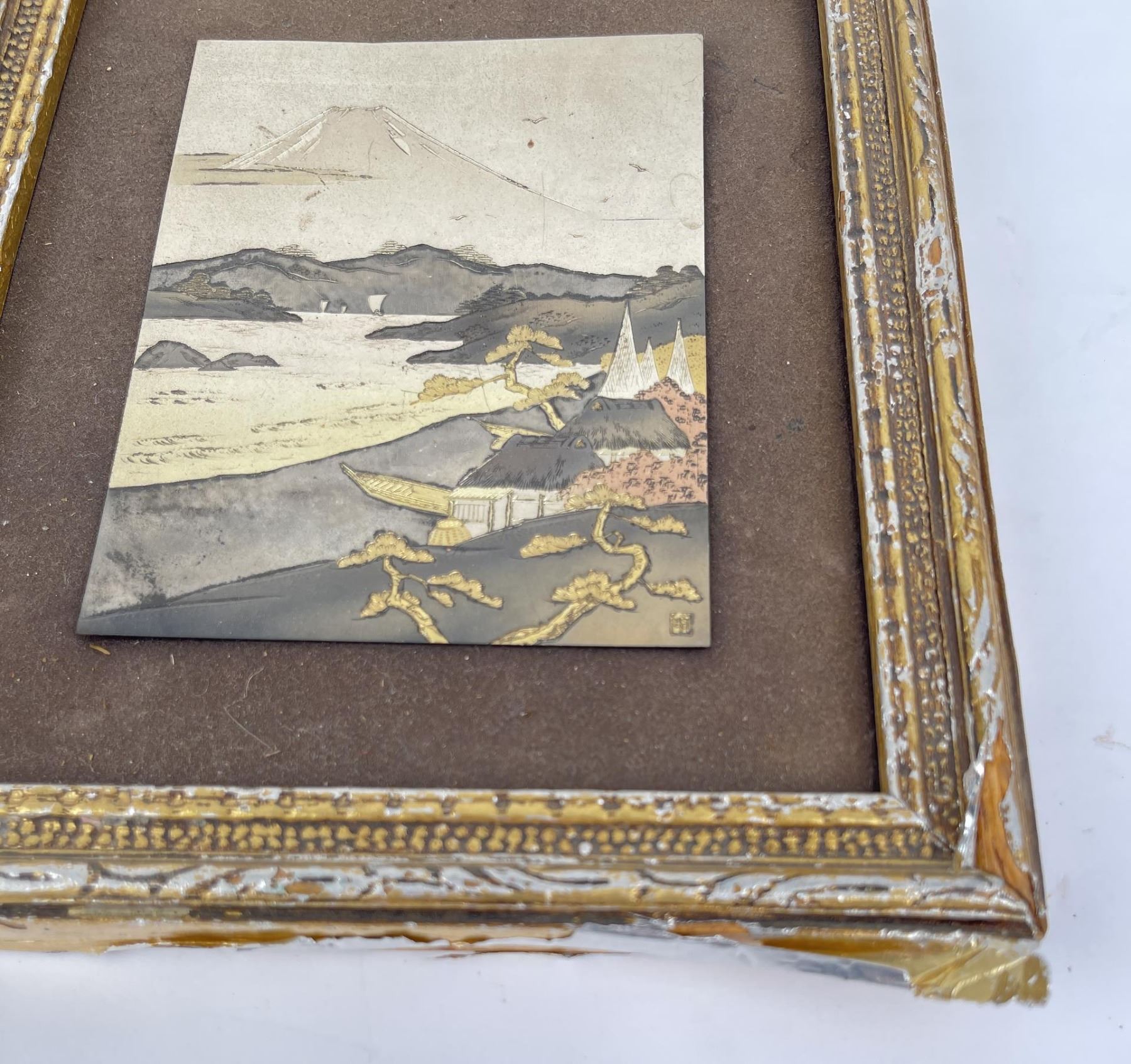 Antique Japanese Metal Engraving Mt Fuji