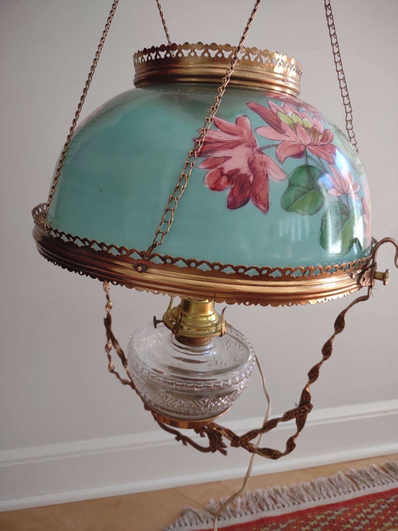 Antique Brass Hanging Lamp w Hand Painted Shade