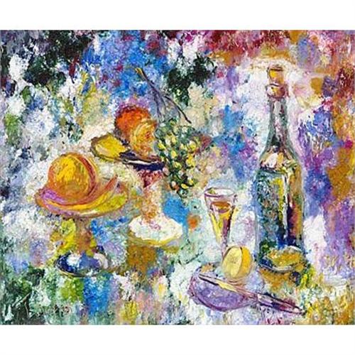 "Wine, fruit & lemon" Russian Impressionism oil#2124734
