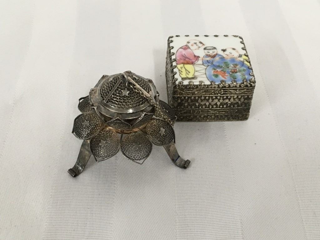 Antique Chinese Silver Cricket Cage & Box