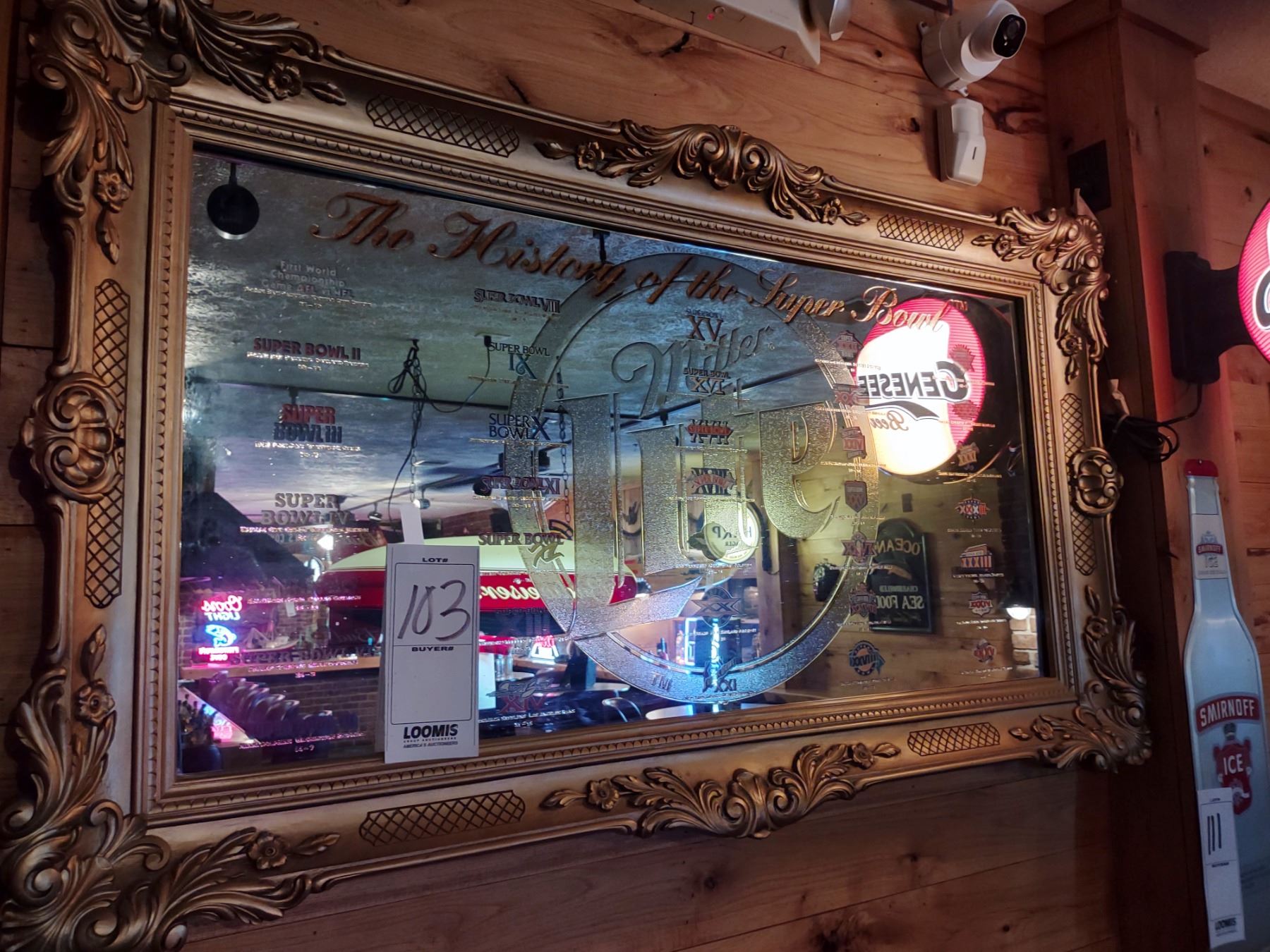 MILLER LITE HISTORY OF THE SUPERBOWL MIRROR, GLASS, WOOD FRAME 57"W X 34"H
