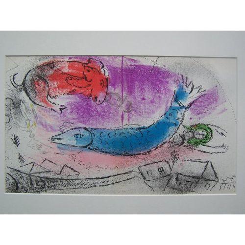 M. CHAGALL Org Color Lithograph Blue Fish