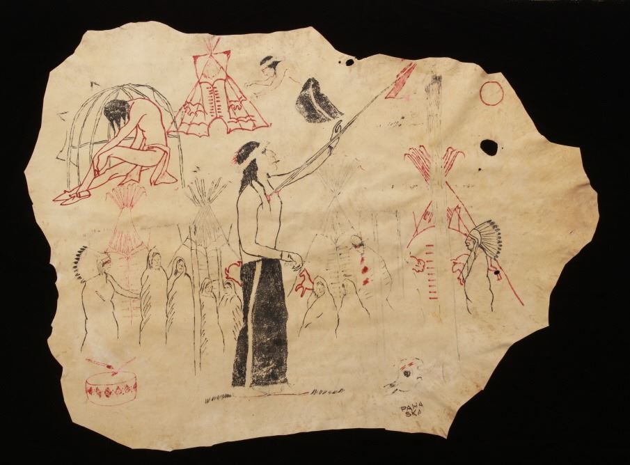 Lakota Sioux Paha Ska Painted Hide Artwork c. 1950