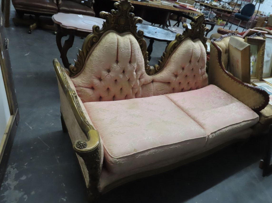 Carved Trim Pink Tufted Victorian Chair
