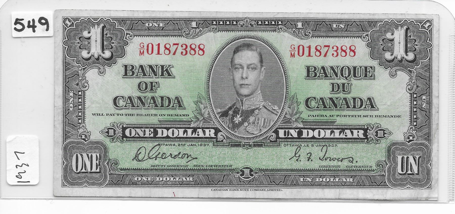 Canadian 1 Dollar Bill 1937 Gordon Towers canadian-1-dollar-bill-1937-gordon-towers