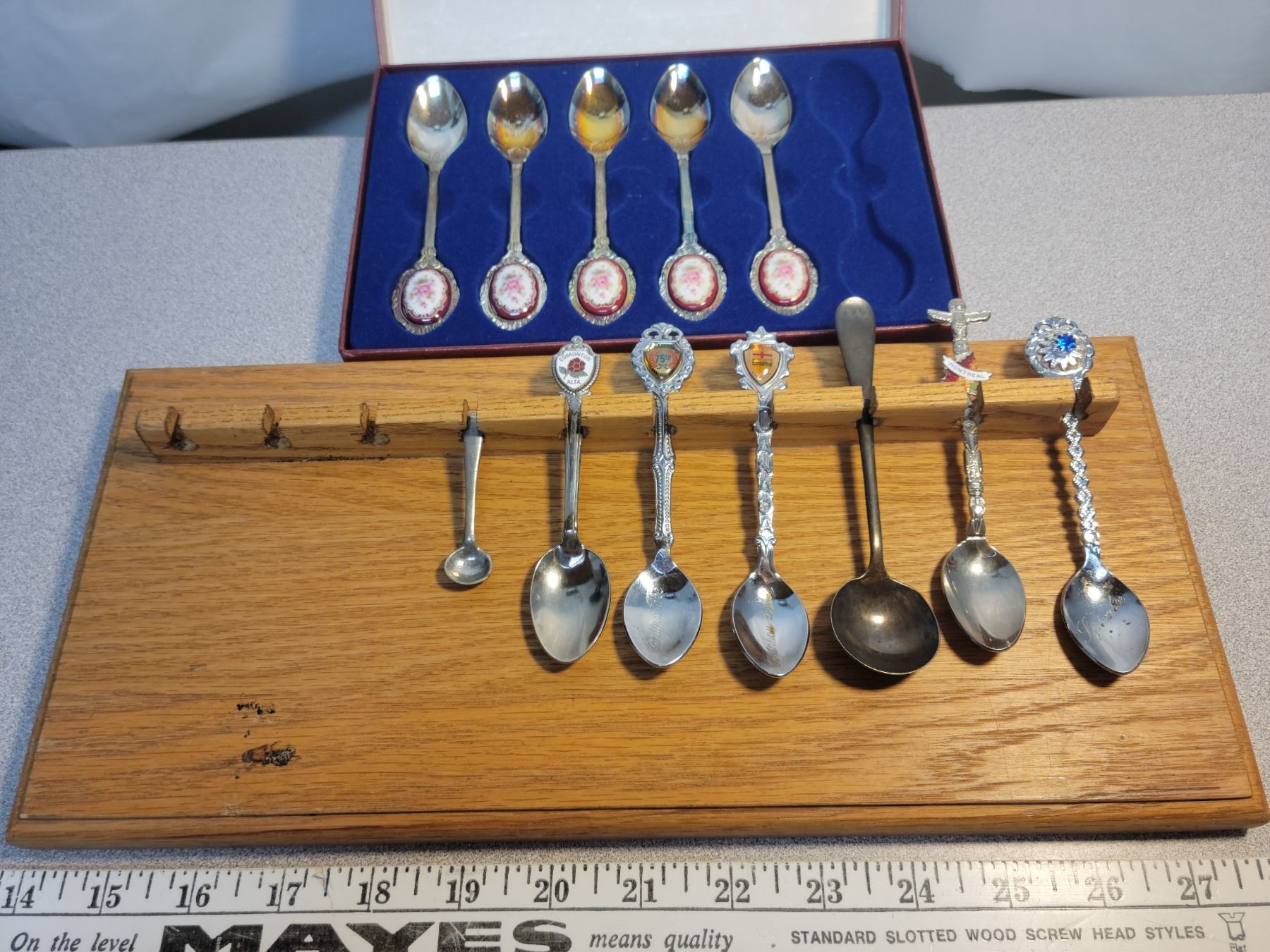 collectable spoons & rack + silver plate sugar spoon, salt spoon + tea set