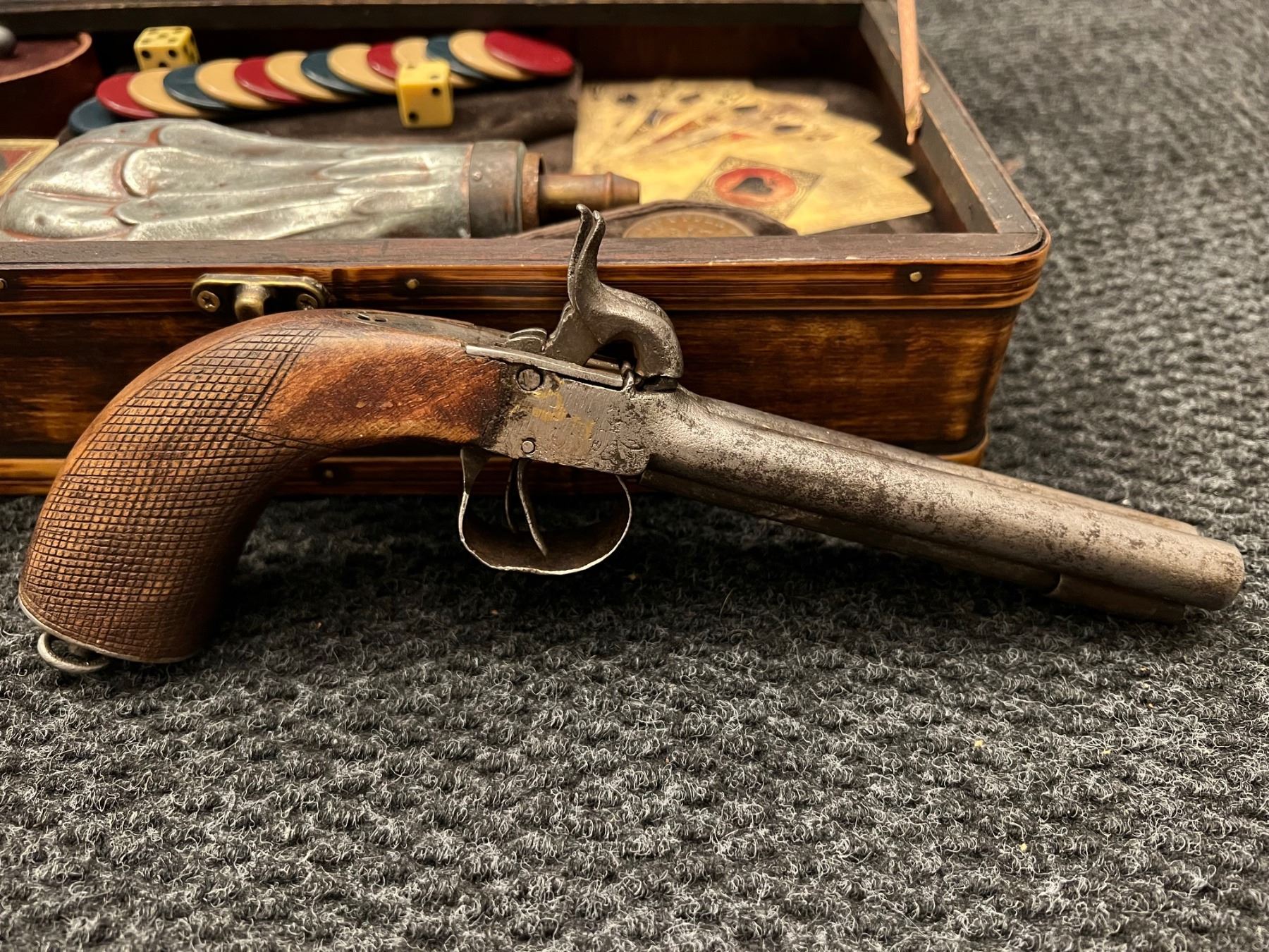 Antique Boxed Gamblers Double Barrel Percussion Pistol