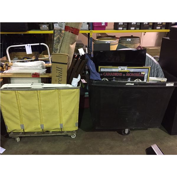 2 Mobile Bins With Assorted Table Chairs Artwork Rugs Household Items And Parts Only Tv Bins