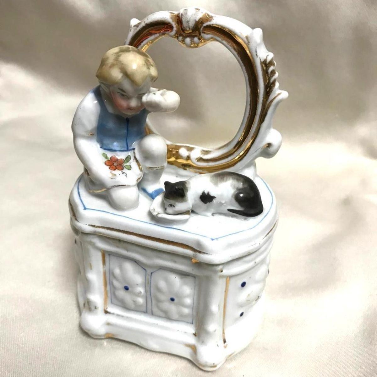 19thcVictorian Conta Boehme Fairing Box, Boy & Cat