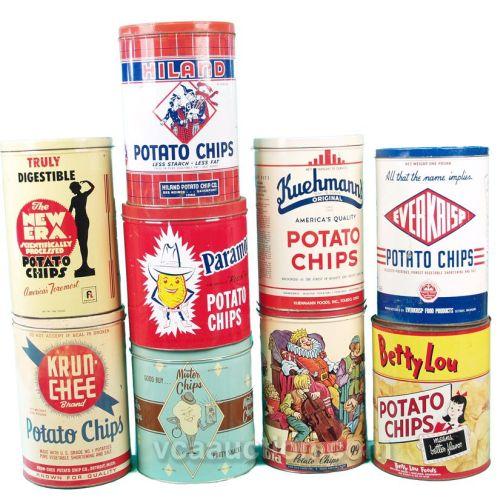 Lot Of 9 1lb. Potato Chip Cans; Mister Chips, Kuehmann'