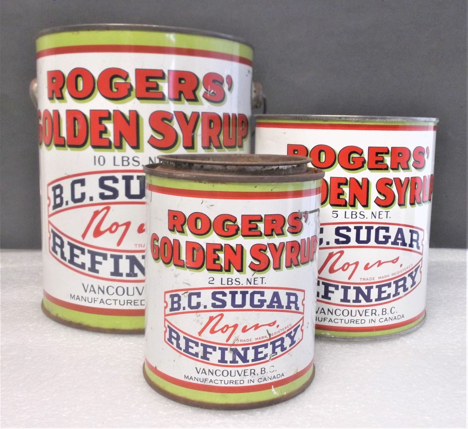 THREE Rogers' Golden Syrup Tins - 2 LBS, 5 LBS, and 10 LBS