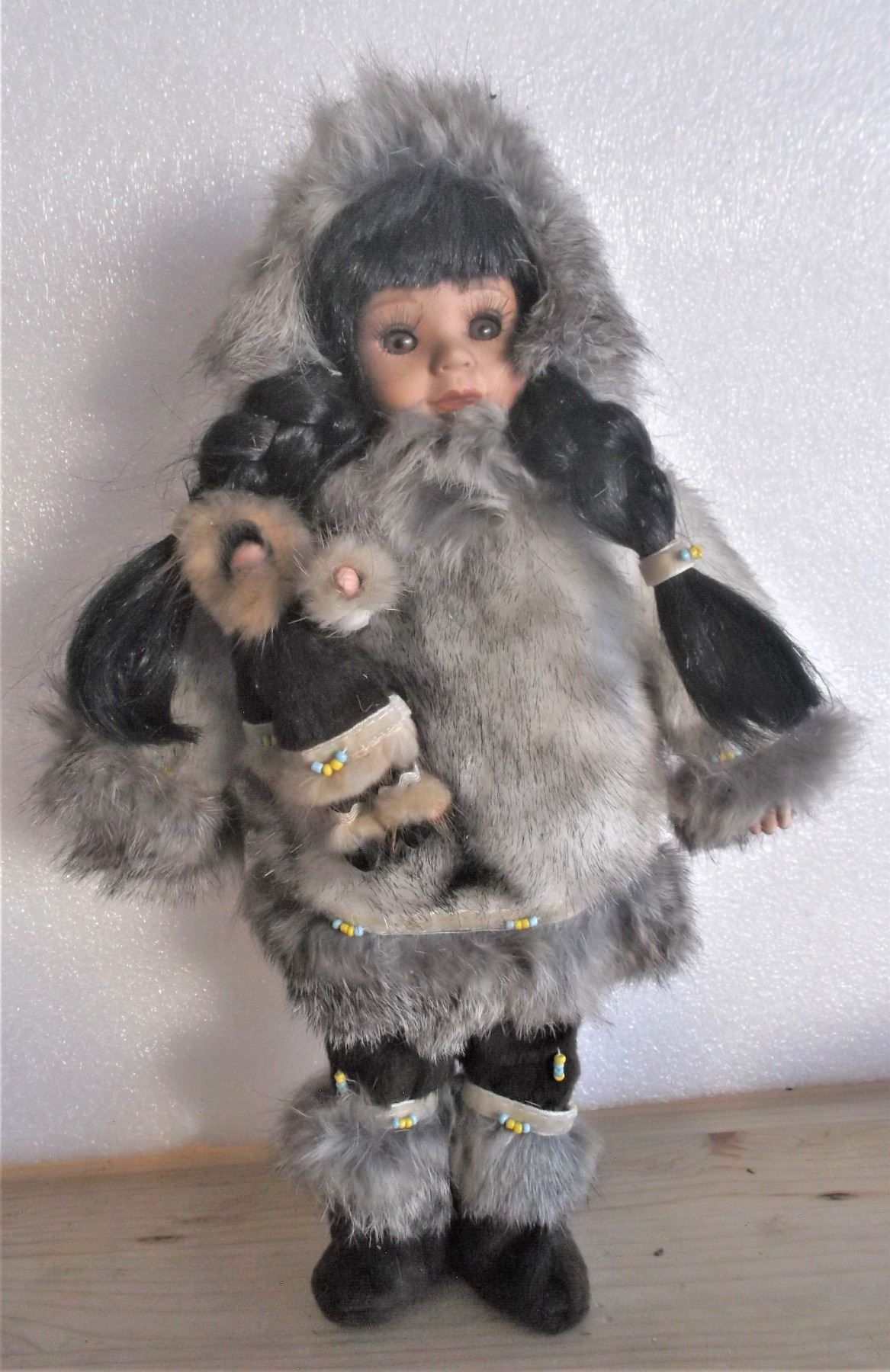 Alaskan/Inuit Porcelain Doll with Baby - 13" Tall