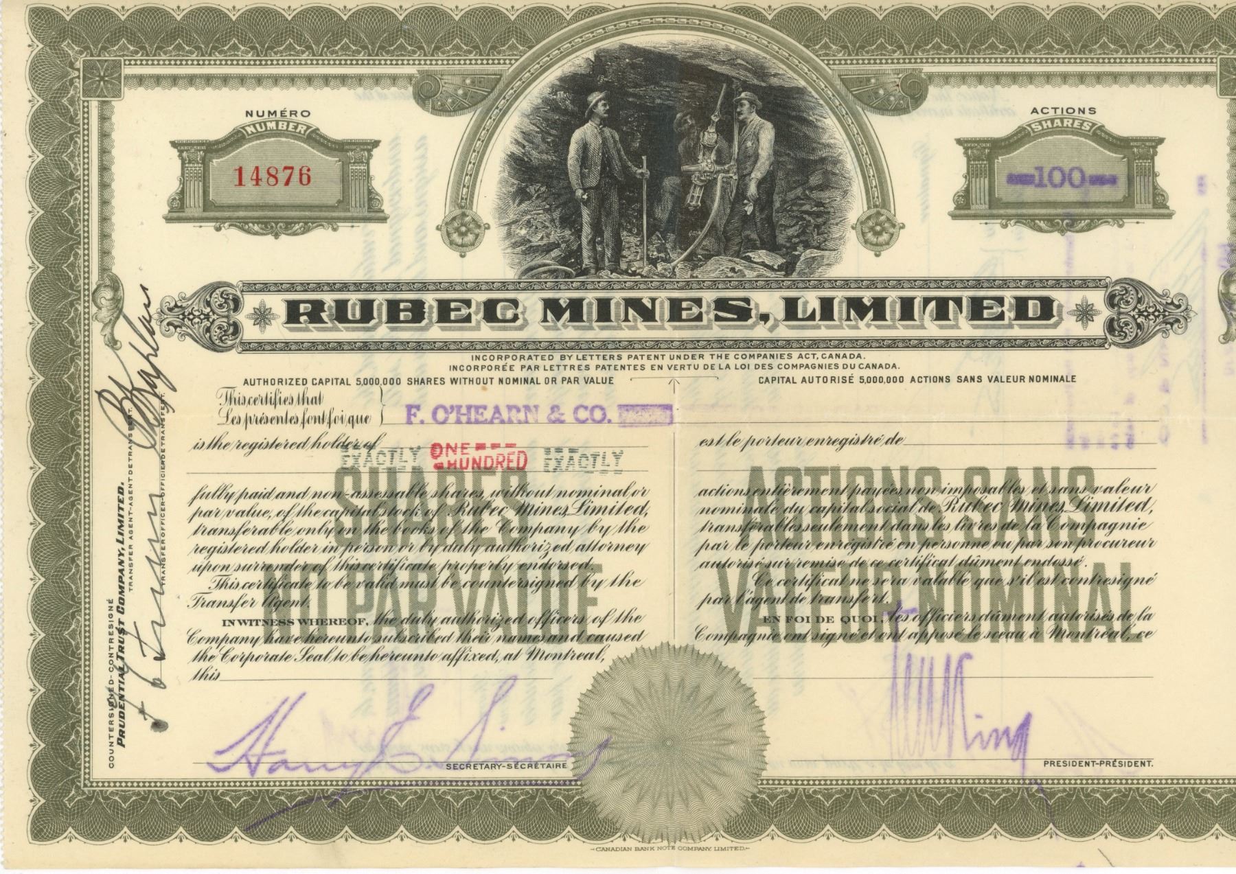 Rubec Mines Limited Certificate of 100 Shares Ownership to F. Ohearn CO ...